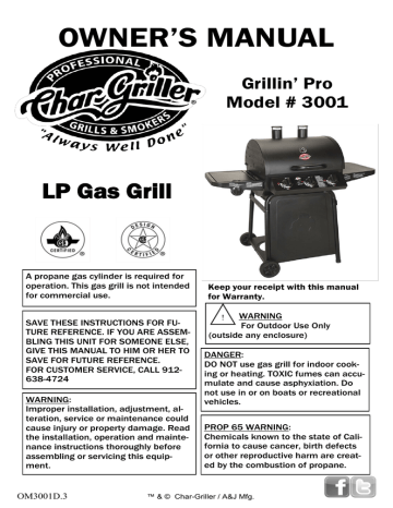 Char-Griller Grillin’ Pro 3001 Owner's Manual | Manualzz