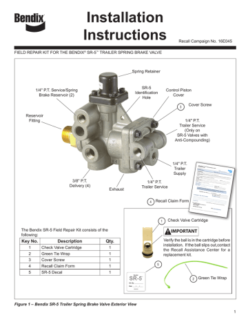 Bendix S-1655 SR-5 TRAILER VALVE REPAIR KIT Installation Instructions ...