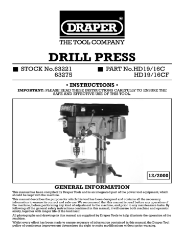 Draper Drill Press HD19/16C, HD19/16CF Instructions | Manualzz