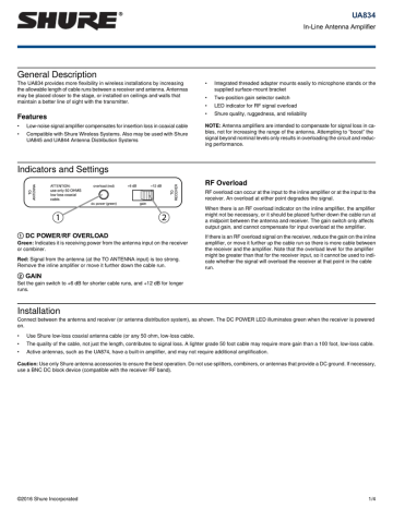 Shure UA834 In-Line Antenna Amplifier User guide | Manualzz