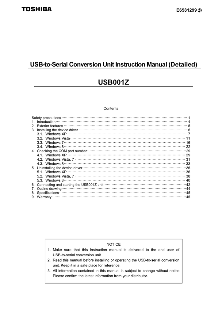 Toshiba USB001Z USB-to-Serial Conversion Unit Instruction Manual | Manualzz