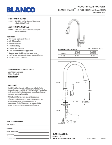Blanco 441496 Single Lever Pull-Down Kitchen Faucet Spec Sheet | Manualzz
