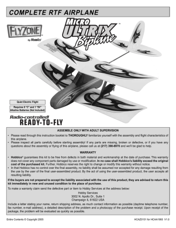 Flyzone HCAA1993 Micro Ultrix Biplane RTF Product Manual | Manualzz