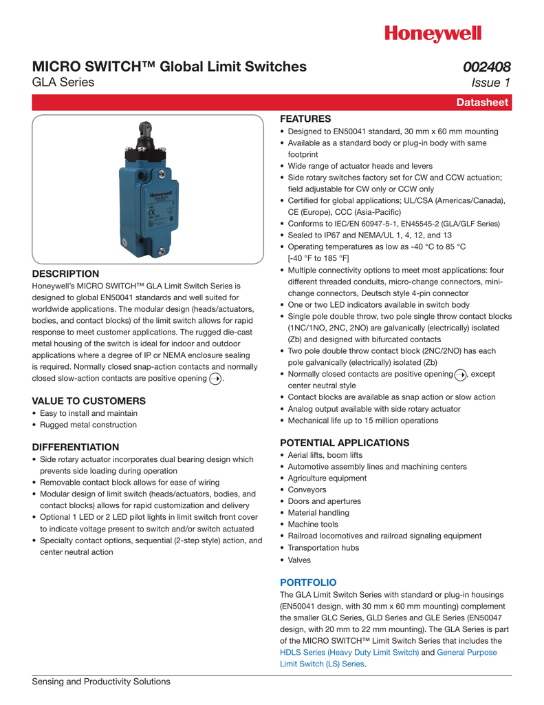 Honeywell MICRO SWITCH GLA Series Global Limit Switches Datasheet ...