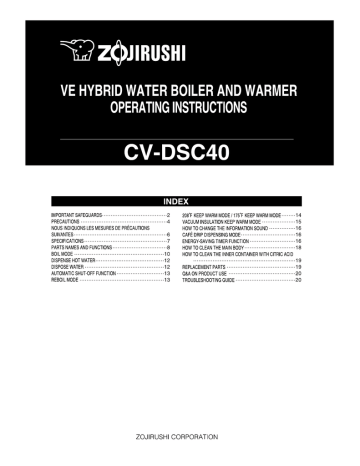 Zojirushi CV-DSC40 VE Hybrid Water Boiler and Warmer Use and Care ...