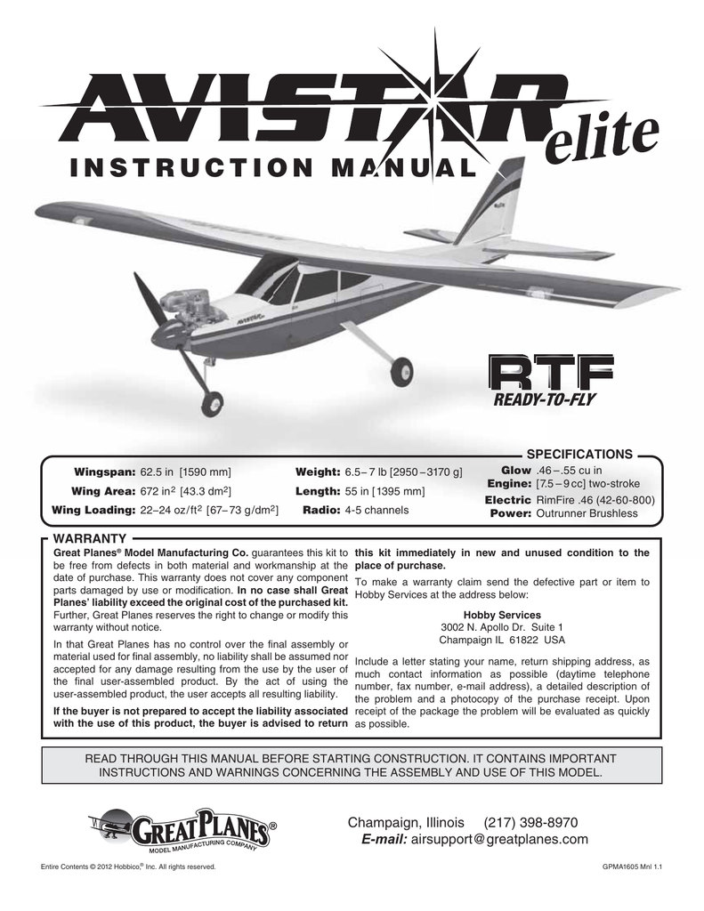 GREAT PLANES avistar elite Instruction manual | Manualzz