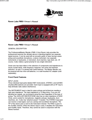 Raven Labs Professional Master Blender PMB 1 Owner's Manual | Manualzz