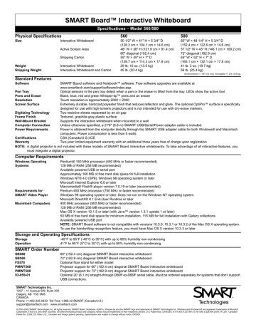 SMART Board 560, SMART Board 580 Specification | Manualzz