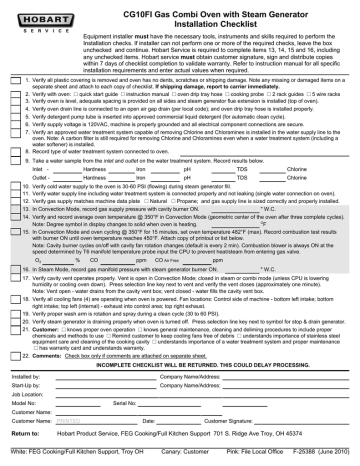 Hobart CG10FI Gas Combi Oven Installation Checklist | Manualzz