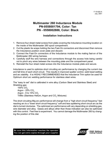 ESAB Multimaster 260 Inductance Module Installation manual | Manualzz