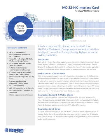 Clear-Com Eclipse HX IVC-32 HX Card Spec Sheet | Manualzz