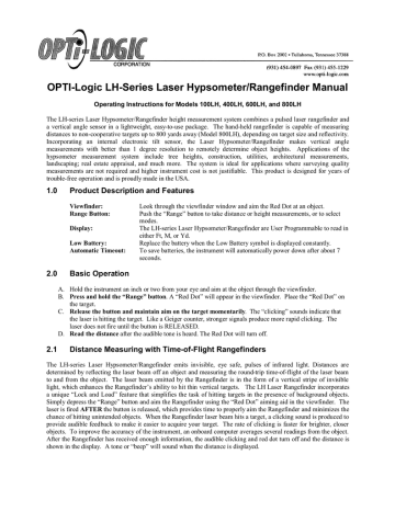 OPTI-Logic LH-Series Laser Hypsometer/Rangefinder Operating ...