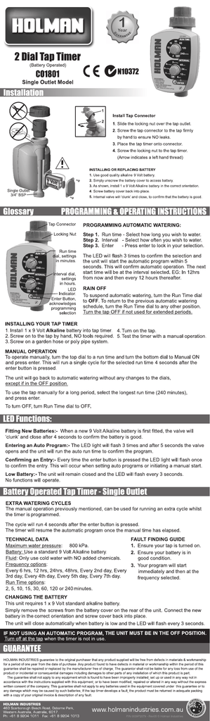 HOLMAN CO1801 2 Dial Tap Timer Instruction Manual | Manualzz