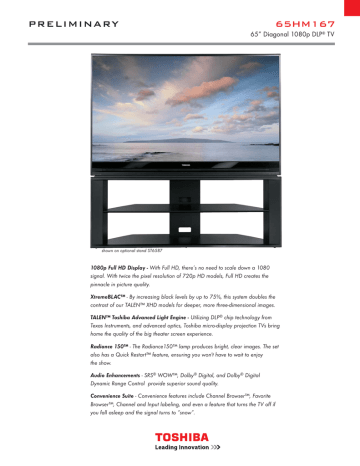 Toshiba 65HM167 Television Specification | Manualzz