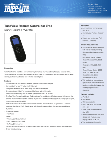 Tripp Lite iPod remote control TVI-200C User Manual | Manualzz