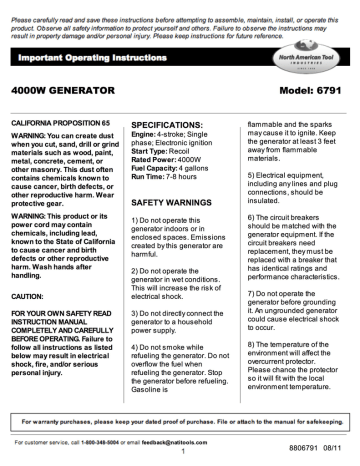 North American Tool Generator 6791 User Manual | Manualzz