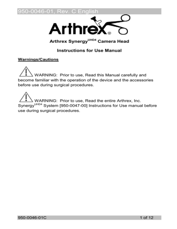Arthrex SynergyUHD4 Camera Head Instructions for Use Manual | Manualzz