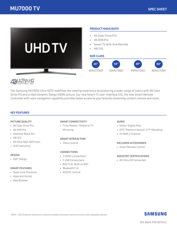 Samsung UN55MU7000FXZA LED & LCD TV Specification Sheet | Manualzz