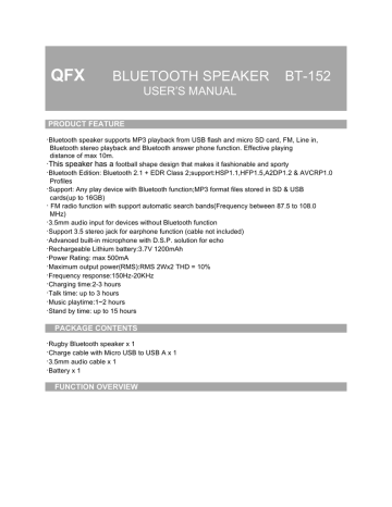 QFX BT-152 Bluetooth Speaker User's Manual | Manualzz