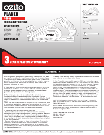 Ozito PLR 2000U Planer User Manual | Manualzz