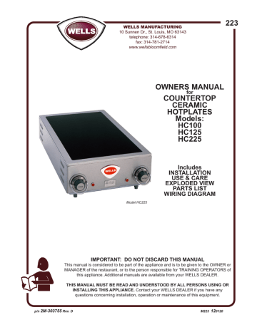 Countertop Ceramic Hotplate HC100, HC125, HC225 Owners Manual | Manualzz
