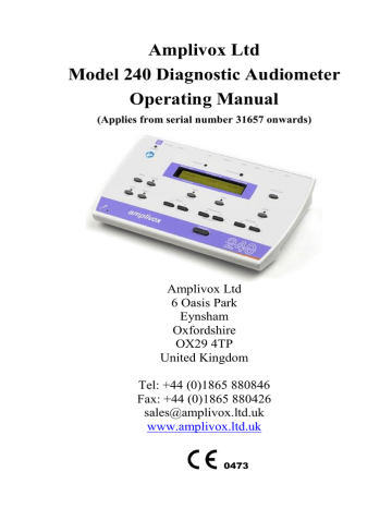 Amplivox 240 Diagnostic Audiometer Operating Manual | Manualzz