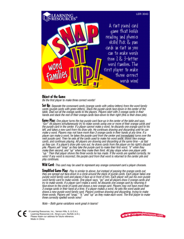 Learning Resources Snap It Up!® Phonics & Reading Game Guide | Manualzz