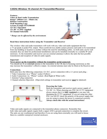 SLD 5.8GHz Wireless 16 channel AV Transmitter/Receiver User Manual ...