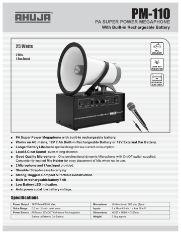 PA Super Power Megaphone PM-110 User Manual | Manualzz