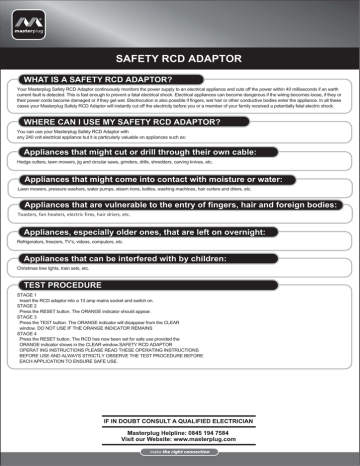 Masterplug Safety RCD Adaptor User Manual | Manualzz