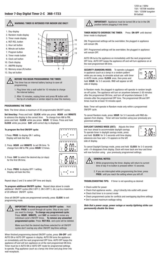 Indoor 7 Day Digital Timer 2 C 368 Manualzz