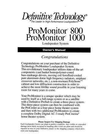 Definitive Technology ProMonitor 800 Owner's Manual | Manualzz