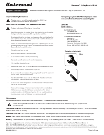 Universal UB100 Utility Bench User Manual | Manualzz