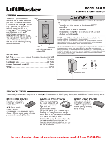 LiftMaster Remote Light Switch 823LM Installation Manual | Manualzz