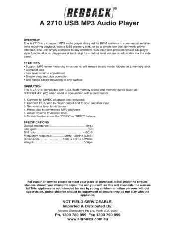 Redback A2710 USB MP3 Audio Player Instructions | Manualzz