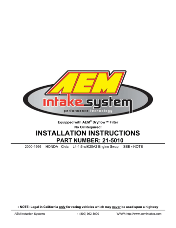 AEM Intake System 21-5010 Installation Instructions | Manualzz