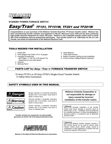 Reliance Controls Easy/Tran TF151, TF151W, TF201 Instructions | Manualzz