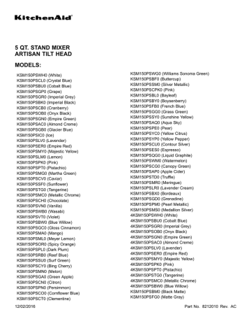 KitchenAid KSM150PSBX Stand Mixer Specification Sheet | Manualzz