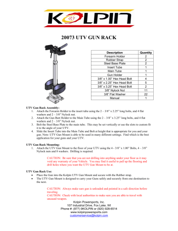 Kolpin 20073 UTV Vertical In-Cab Gun Rack Owner's Manual | Manualzz