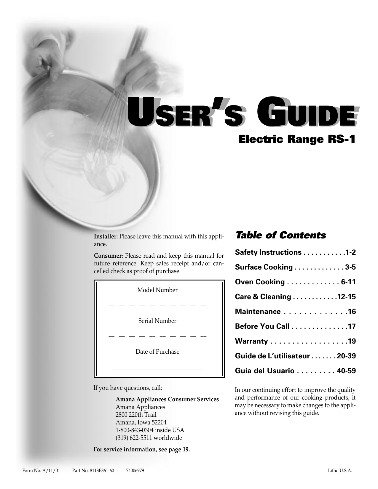 Amana RS-1 Owner's Guide | Manualzz