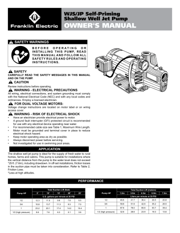 Franklin Electric Shallow Well Jet Pump WJS/JP Owner's Manual | Manualzz