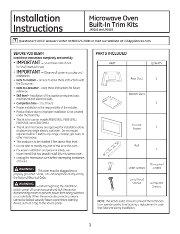 GE JX9153EJES 29-3/4 in. Trim Kit Installation manual | Manualzz