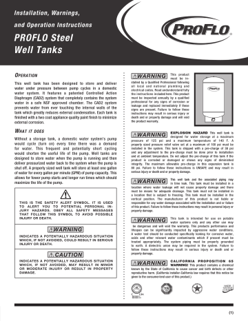 PROFLO Steel Well Tank PFX 20S, PFX 26S, PFX 32S, PFX 33S, PFX 44S, PFX ...