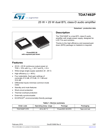 STMicroelectronics TDA7492P Datasheet | Manualzz