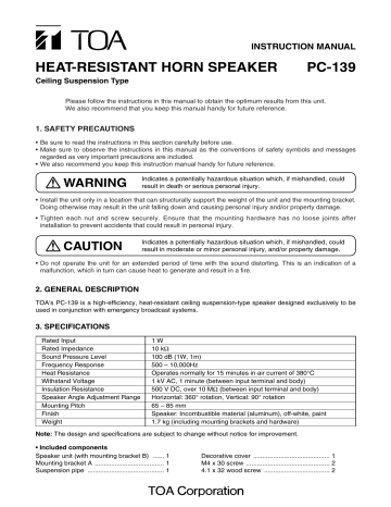 TOA Heat-resistant horn speaker PC-139 Instruction Manual | Manualzz