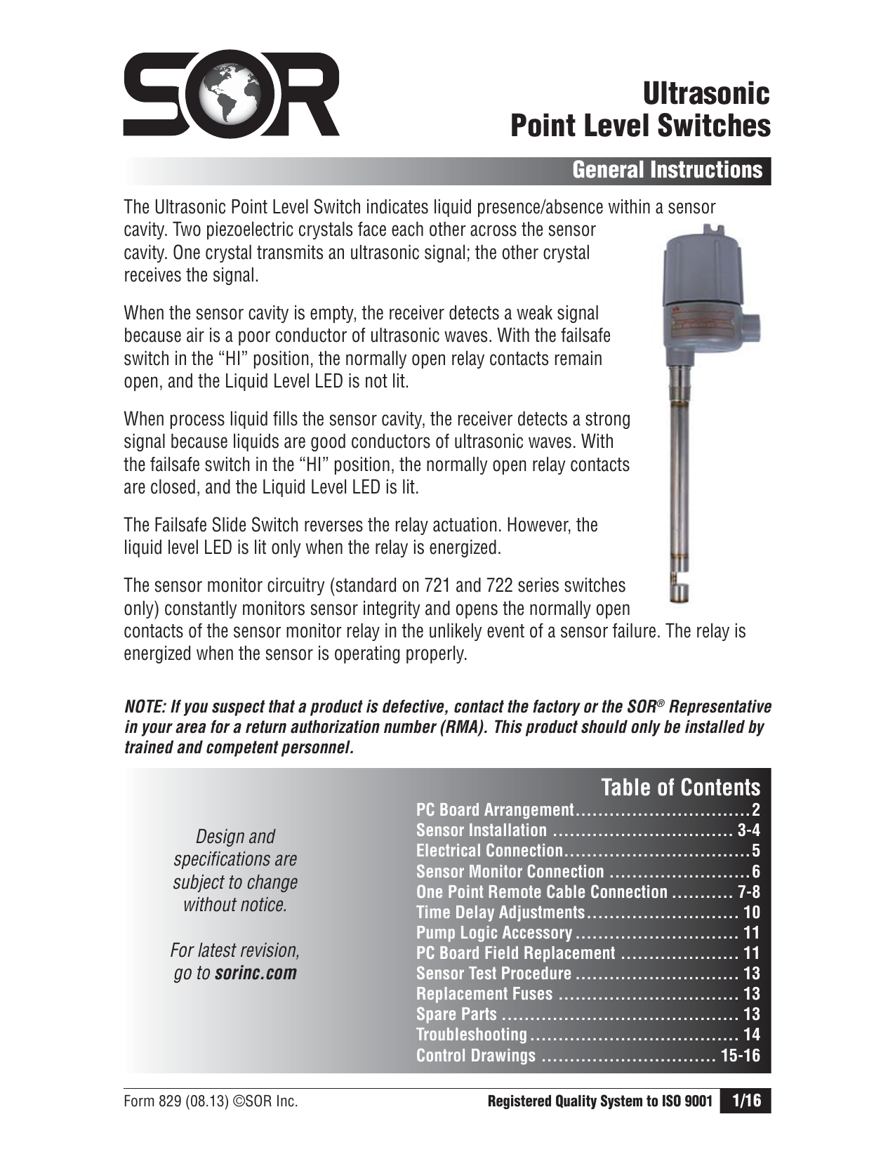 SOR Ultrasonic Point Level Switches Instructions | Manualzz