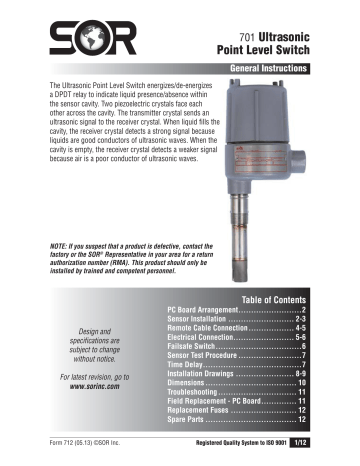 SOR 701 Ultrasonic Point Level Switch Instructions | Manualzz