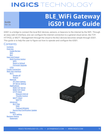 INGICS iGS01 BLE WiFi Gateway User Guide | Manualzz