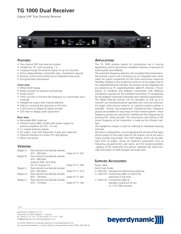 Beyerdynamic TG 1000 Dual Receiver (470-698 MHz excl. 608-614 MHz) Spec sheet | Manualzz