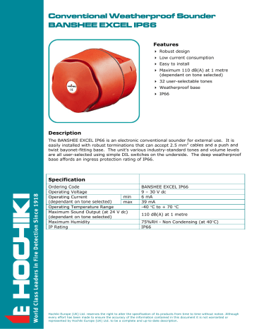 Sounder BANSHEE EXCEL IP66 Datasheet | Manualzz